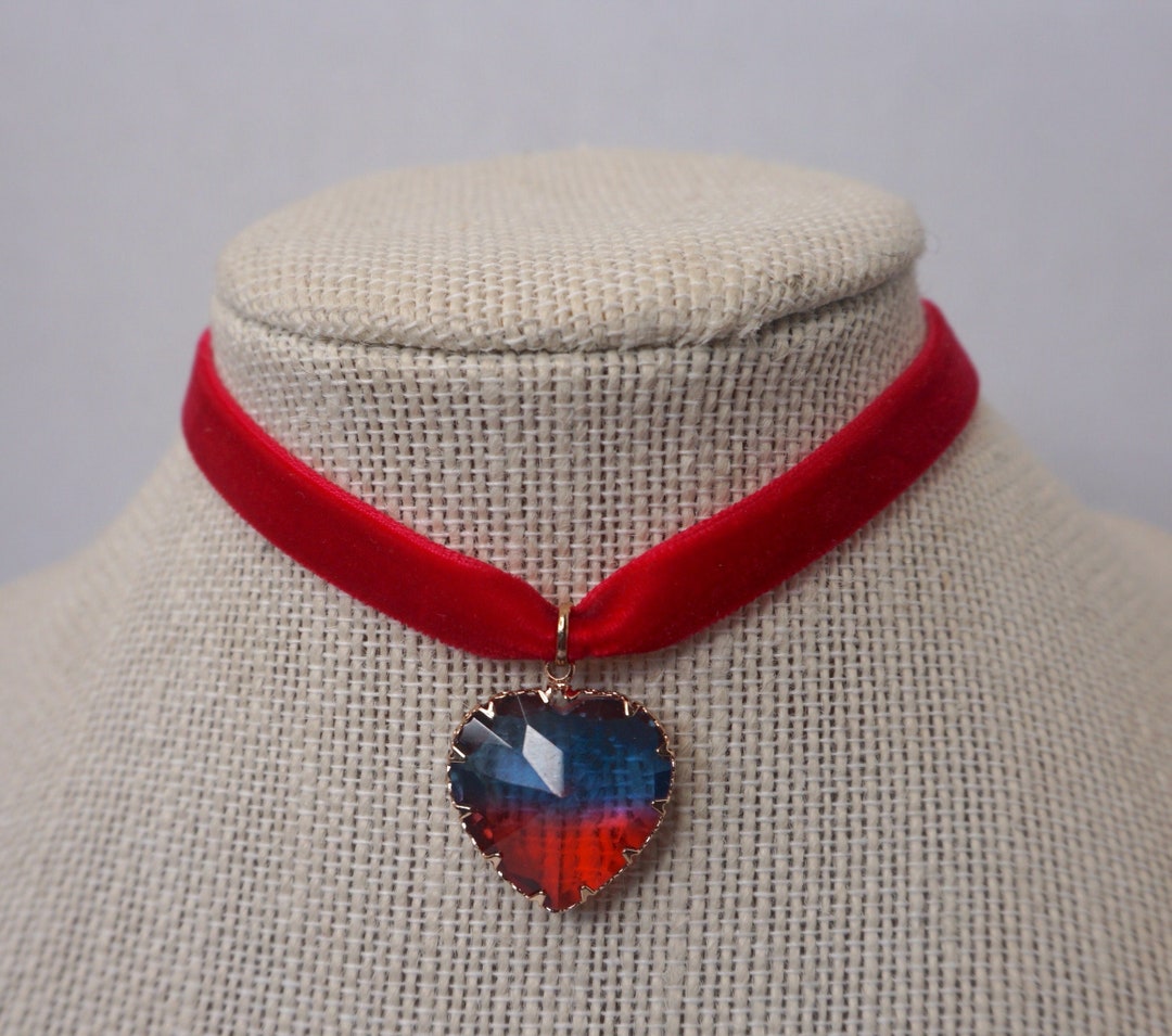 Red Heart Choker Necklace, Red Velvet Choker, Velvet Choker With Heart ...
