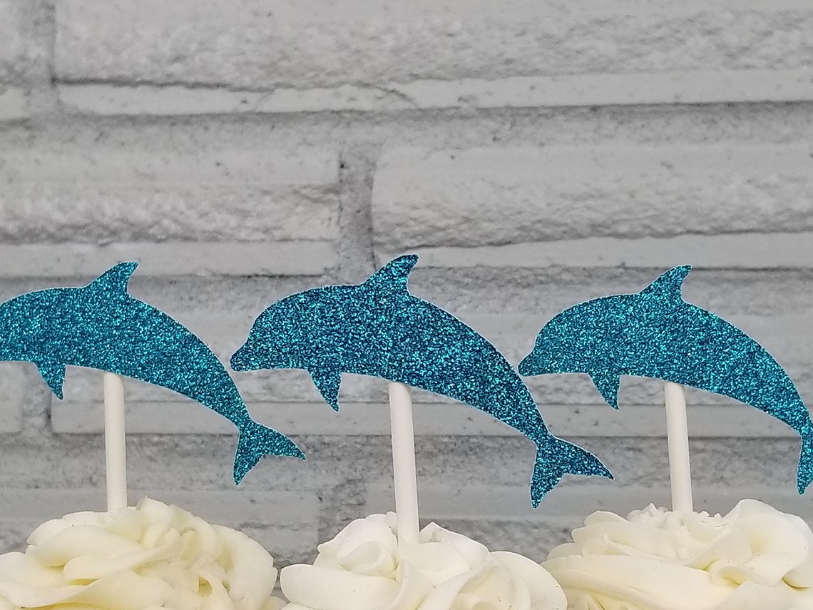 Dolphin Cupcake Toppers, Blue Dolphin Cupcake Toppers , Glitter Dolphin ...