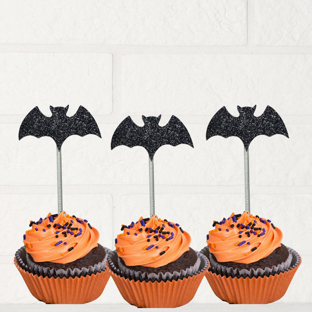 Bat Cupcake Toppers, Halloween Toppers, Battoppers, Glitter Black Bat ...