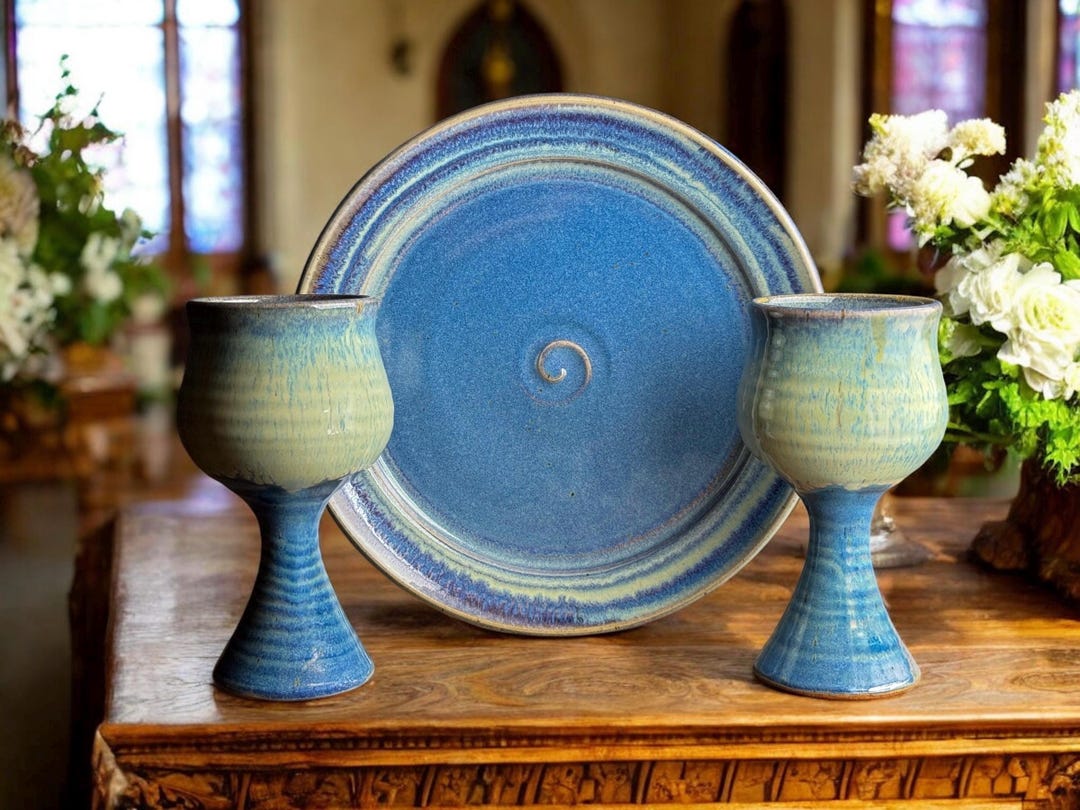 Communion Set - Two Chalices - Goblets 7.5” Tall X 3” Wide at Rim - Large Plate 10.5” Wide ...