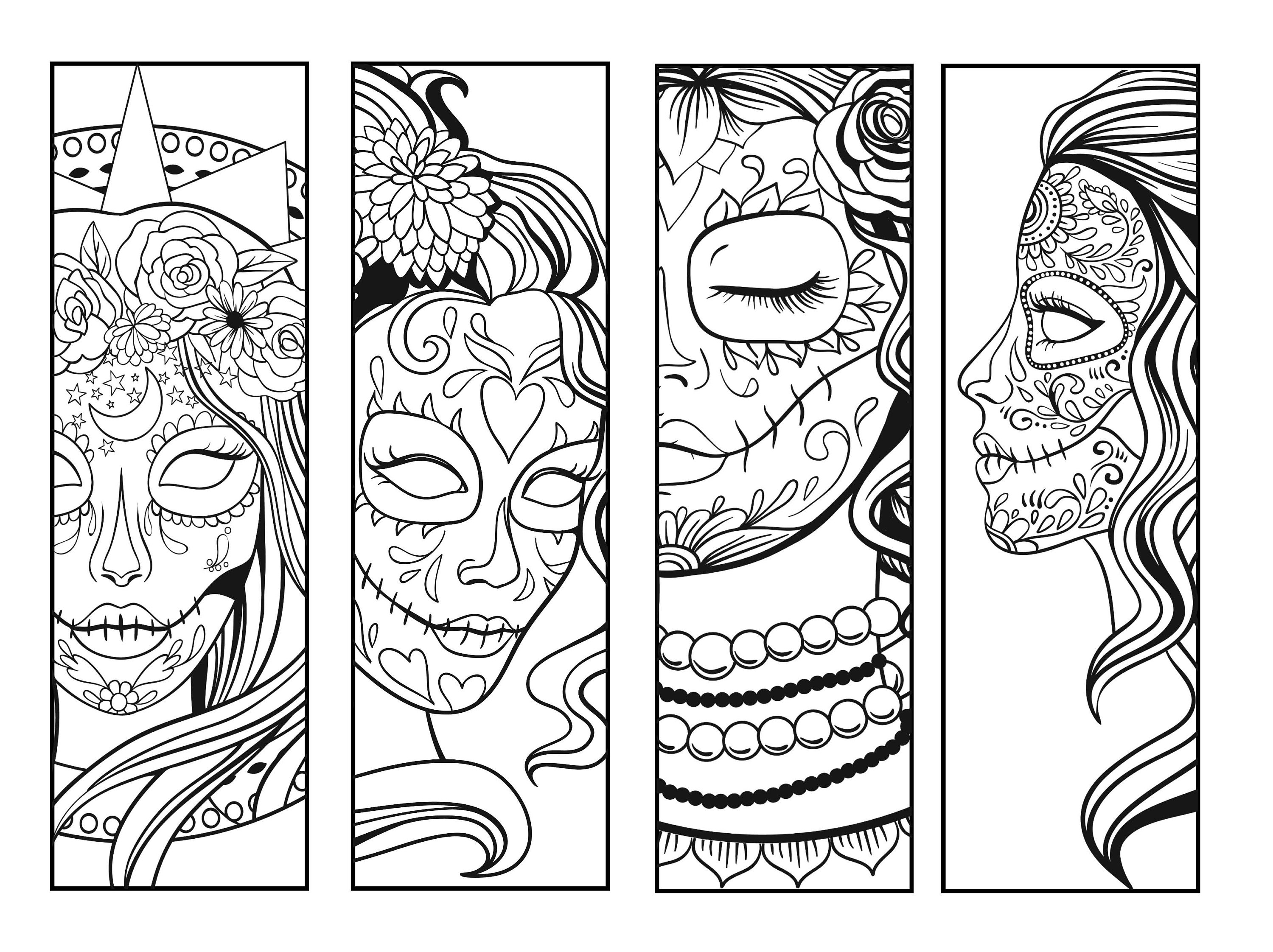 Set of 4 Coloring Bookmarks With Pretty Women Sugar Skulls- Book ...