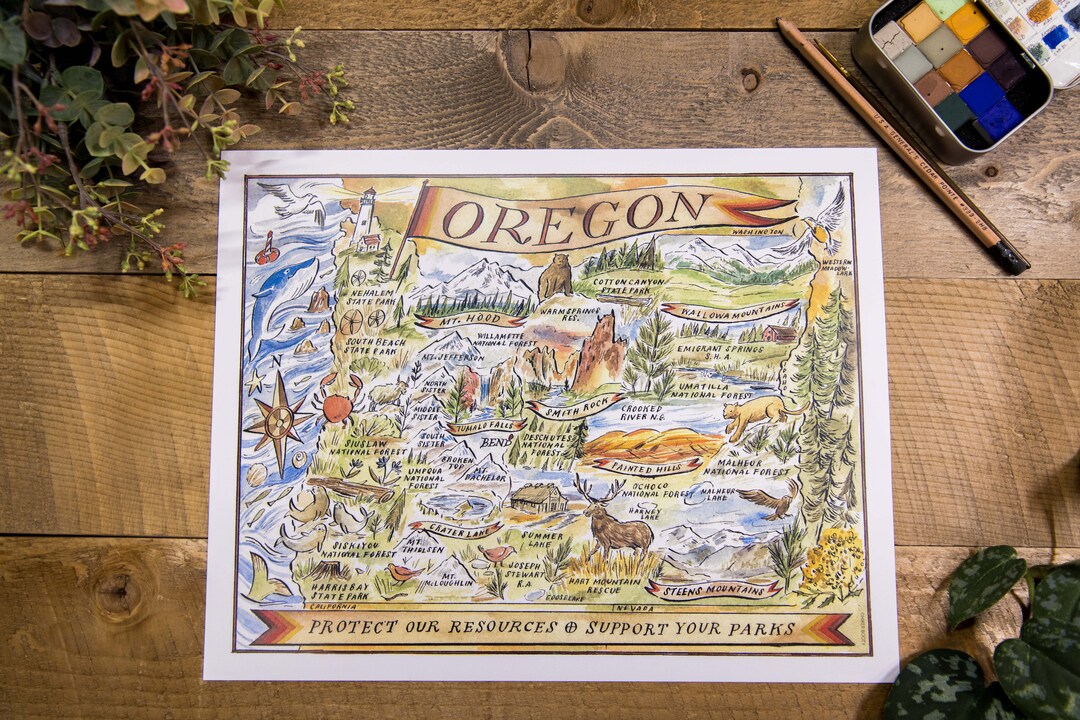 Oregon State Map Print | Watercolor Art - Etsy
