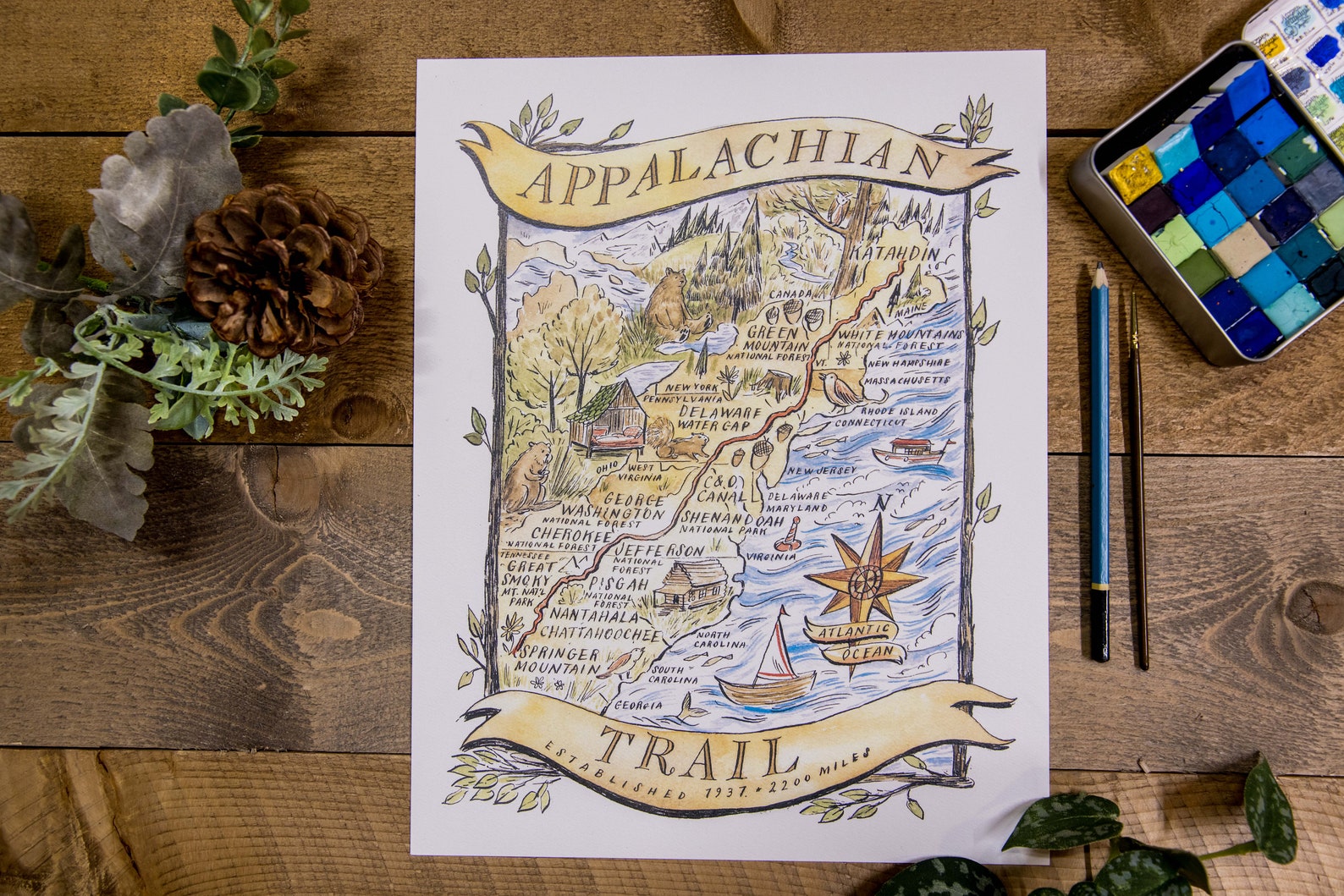 Appalachian Trail State Map Print | Watercolor Art - Etsy