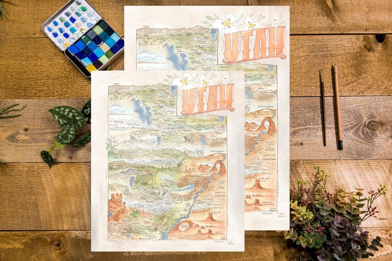 Utah State Map | Watercolor Art Print - Etsy