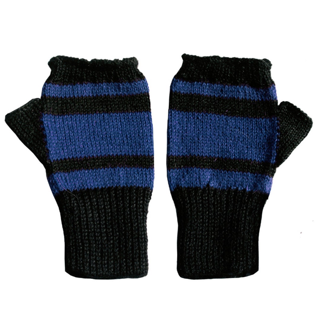 Sleek 100% Alpaca Fingerless Mittens - Black / Sapphire Blue (M) - Etsy