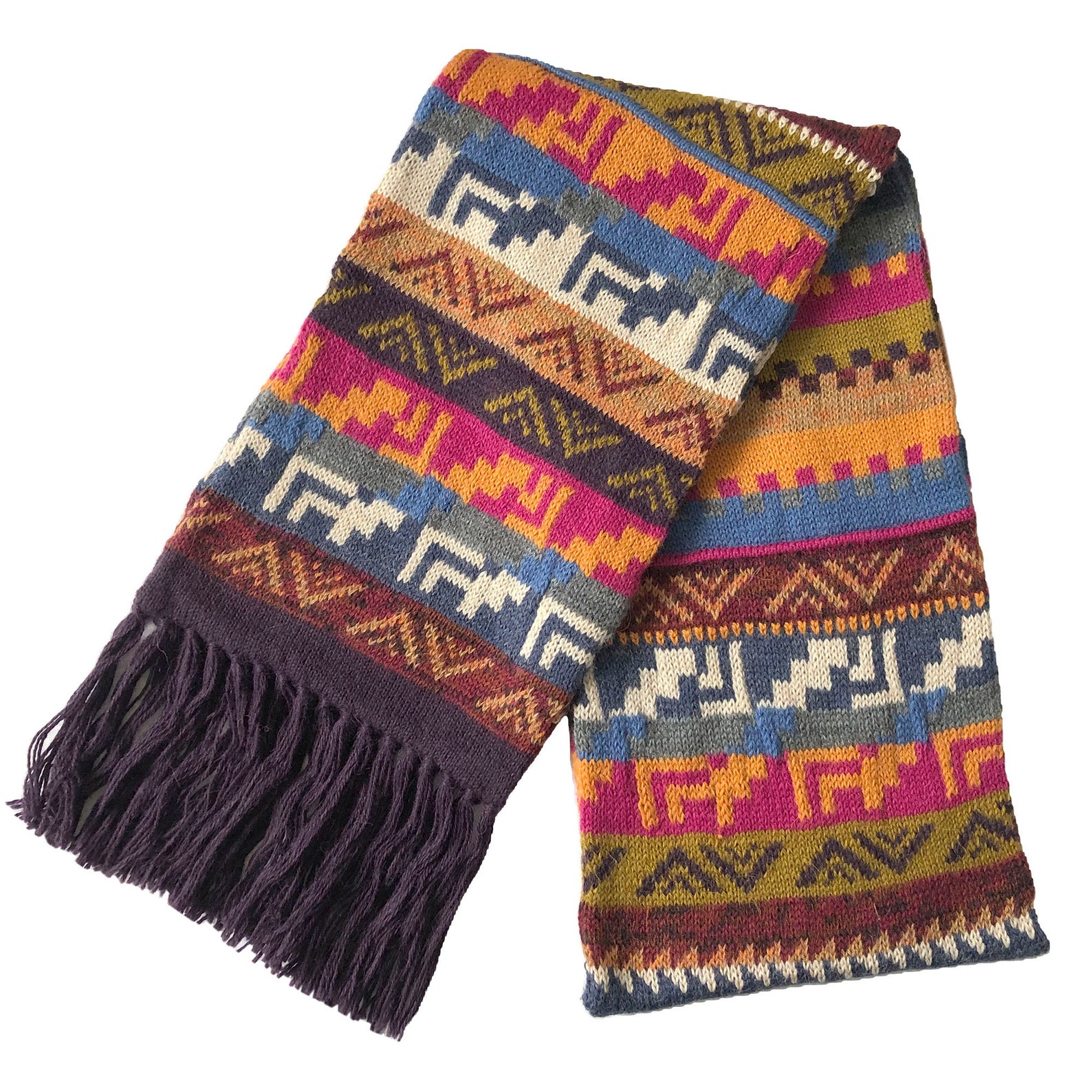 Multicolored Alpaca Wool Scarf With Andean Design ~ Purple Fringe - Etsy