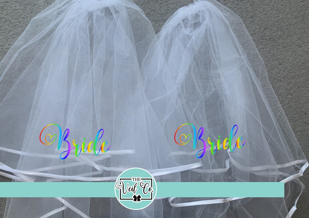 Set of 2 Rainbow Print Bride Hen Party Veils - Bride, Bridal - Heart ...