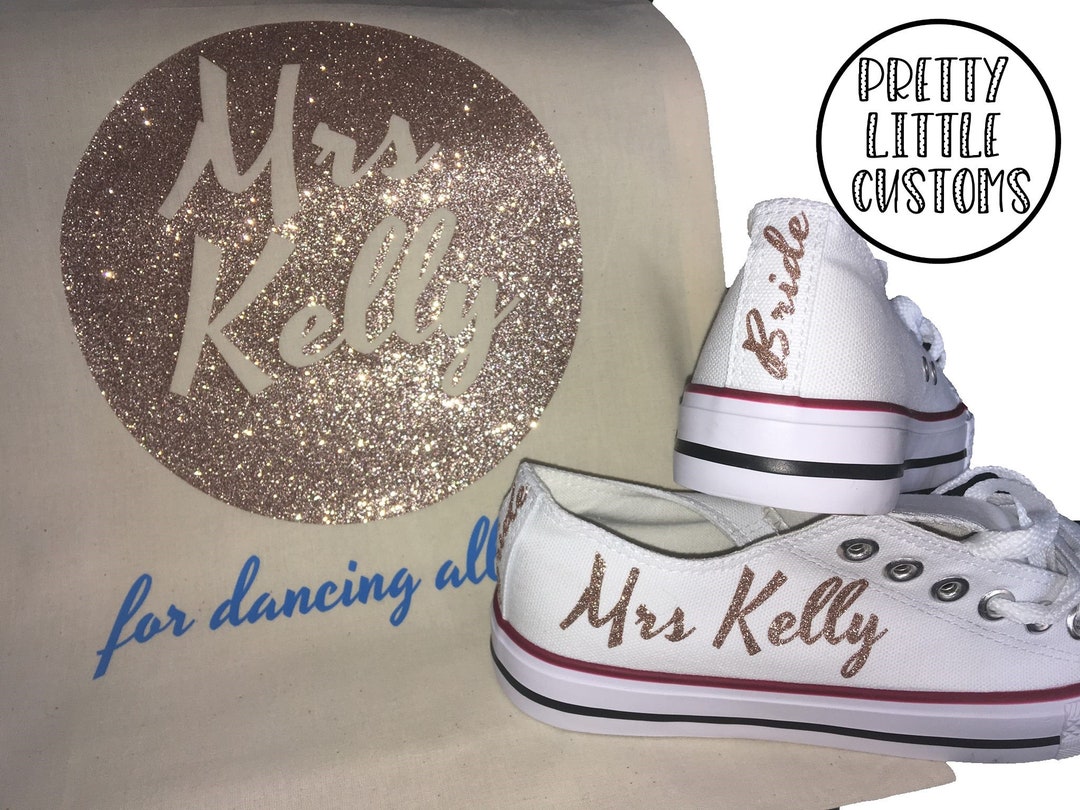 Personalised Ladies Rose Gold Glitter Print Canvas Wedding Trainers ...