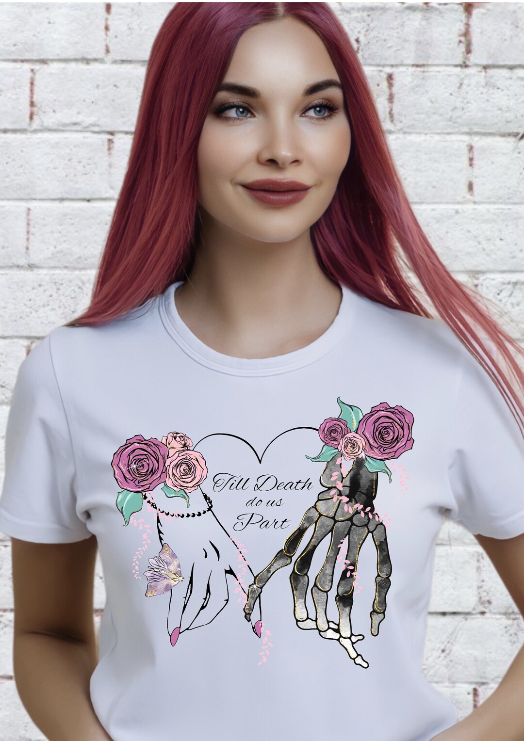 Floral Heart, Skeleton Holding Hands 'til Death Do Us Part Print T ...