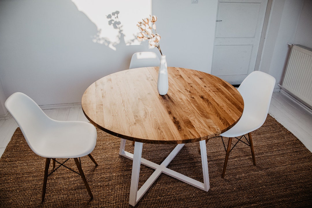Round Extendable Dining Table Kitchen Table Made of Solid Oak Wood for 4 6 People MANE WHITE II. White Steel Frame. Scandinavian Style Etsy