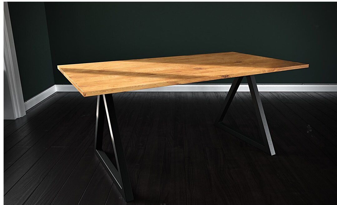 Triangular Black Steel Frame Table. Metal and Oak Wood Table ...