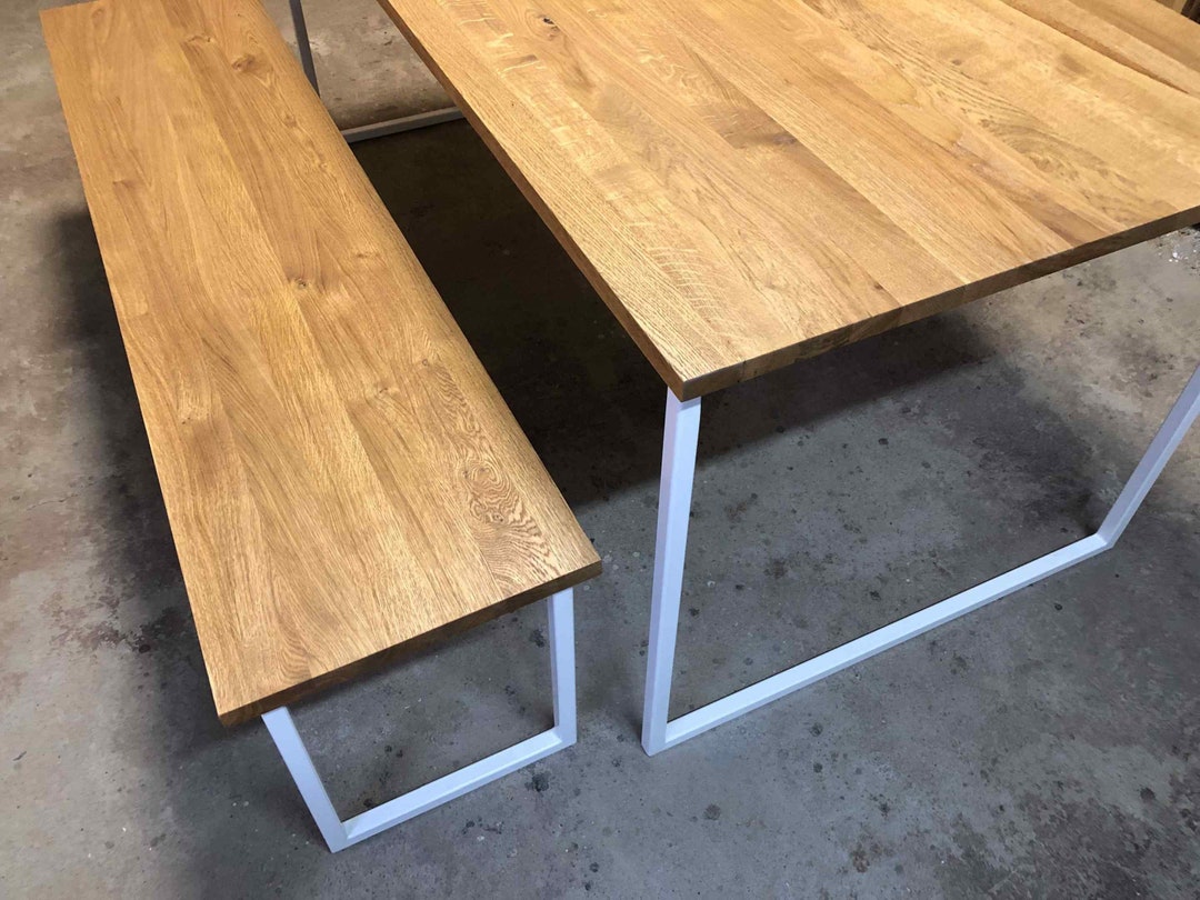Oak dining table set with bench. White frame. Steel legs. Oak - Etsy España