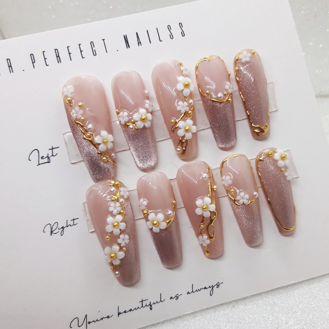 Press on Nails Flowers Sakura, Kawaii Japanese Nail Art, Asian Nails ...