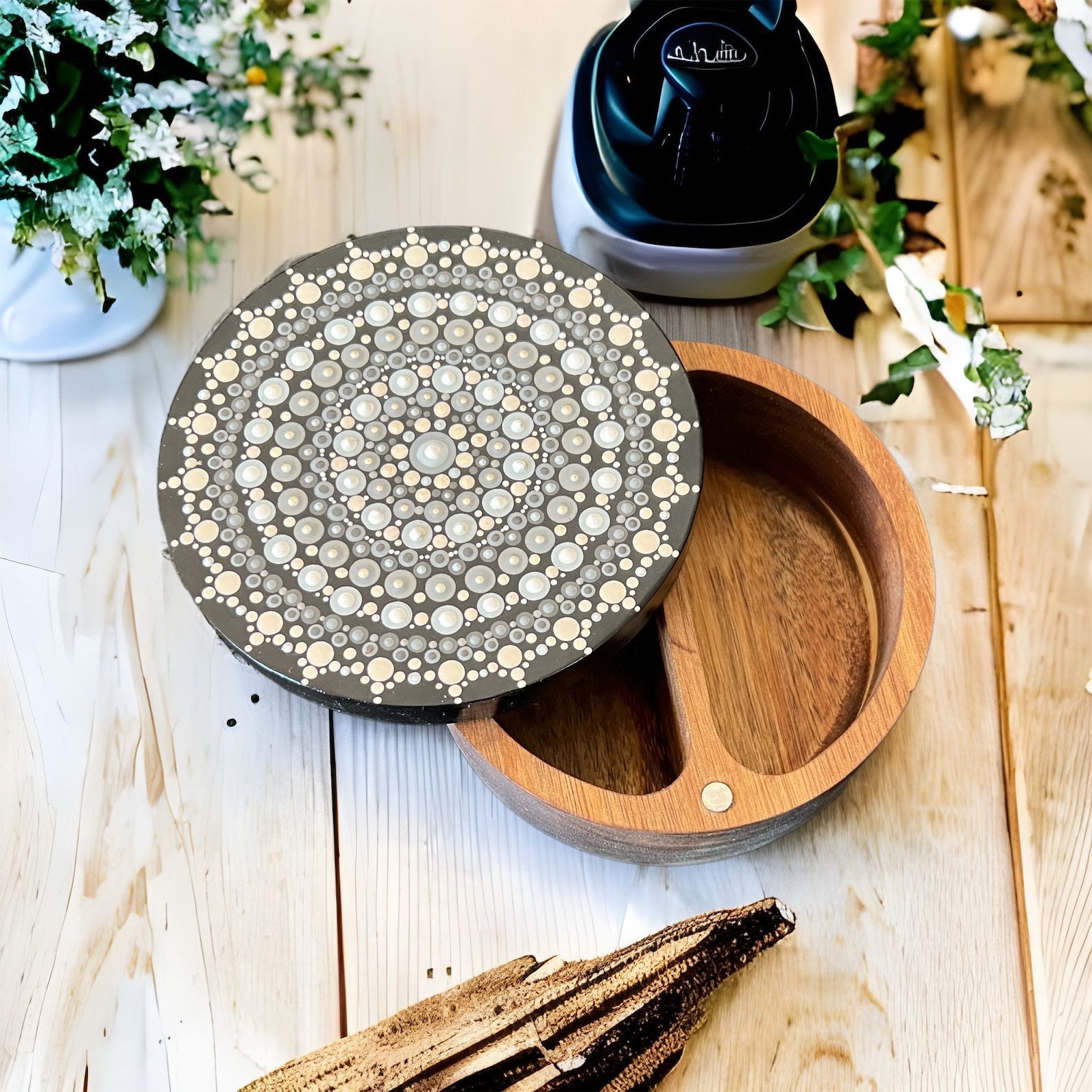 Treasure Box/ Neutral Gray Dot Mandala Box/ Dual Compartment Wooden ...