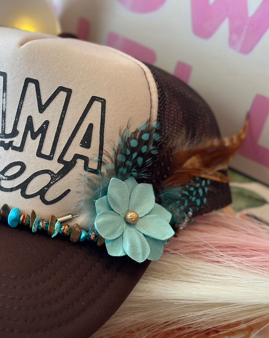 Custom Made Feather and Floral Hat Pin Use on Trucker Hats, Cowboy Hats ...