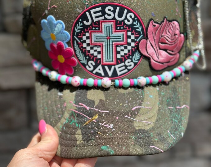 Custom Jesus Saves Trucker Hat • Hat Chain • Paint Splatter • Christian ...