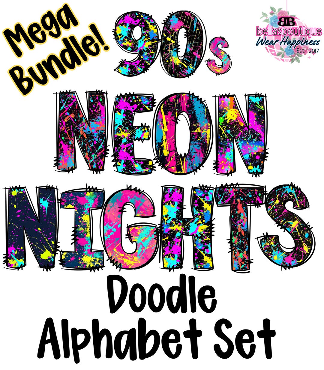 90s Neon Nights Doodle Letters Mega Bundle, Doodle Alphabet, Alpha ...