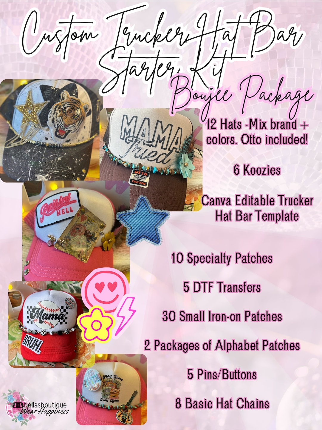 Custom Trucker Hat Bar Starter Kit Boujee Package Perfect for Hat Bars, Girls Night, Parties, Do ...