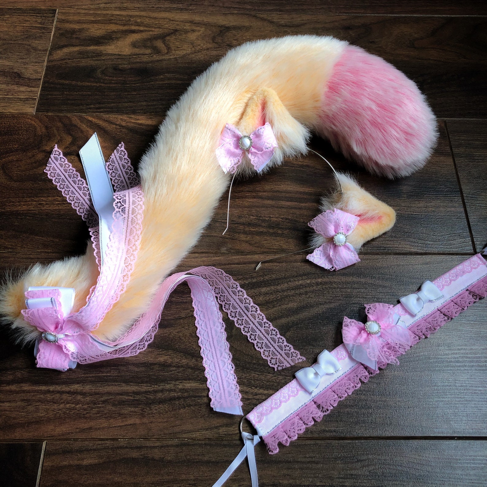 Neko Cat Ears And Tail Set With Collar Pink Kitten Play Set Etsy