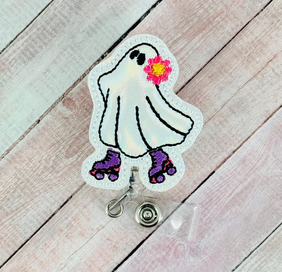 Ghost Roller Skates Halloween Badge Reel, Retro Fall Badge Clip, Nurse ...