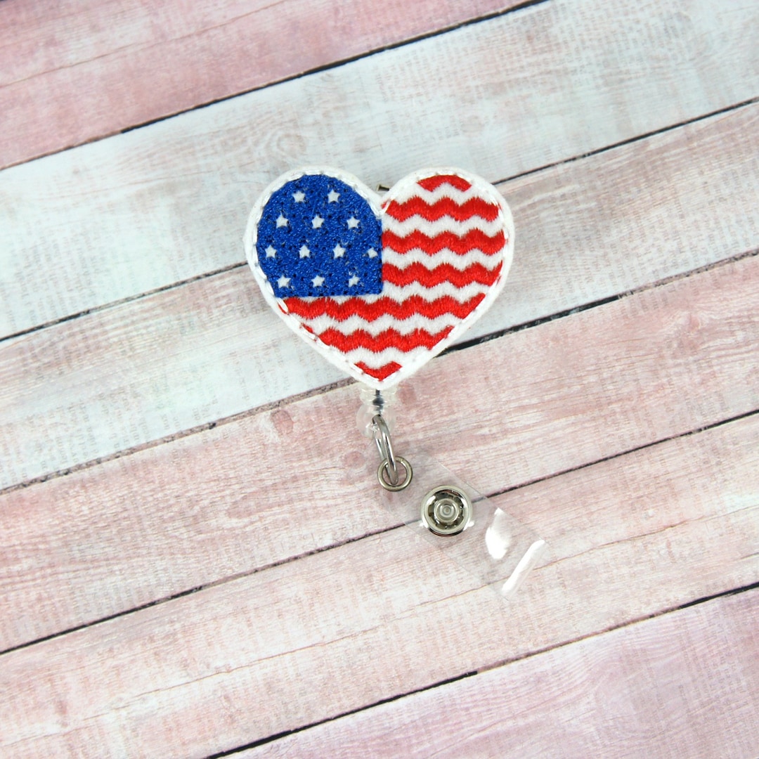 Chevron Heart Flag Badge Reel - Patriotic Badge - Fourth of July ...