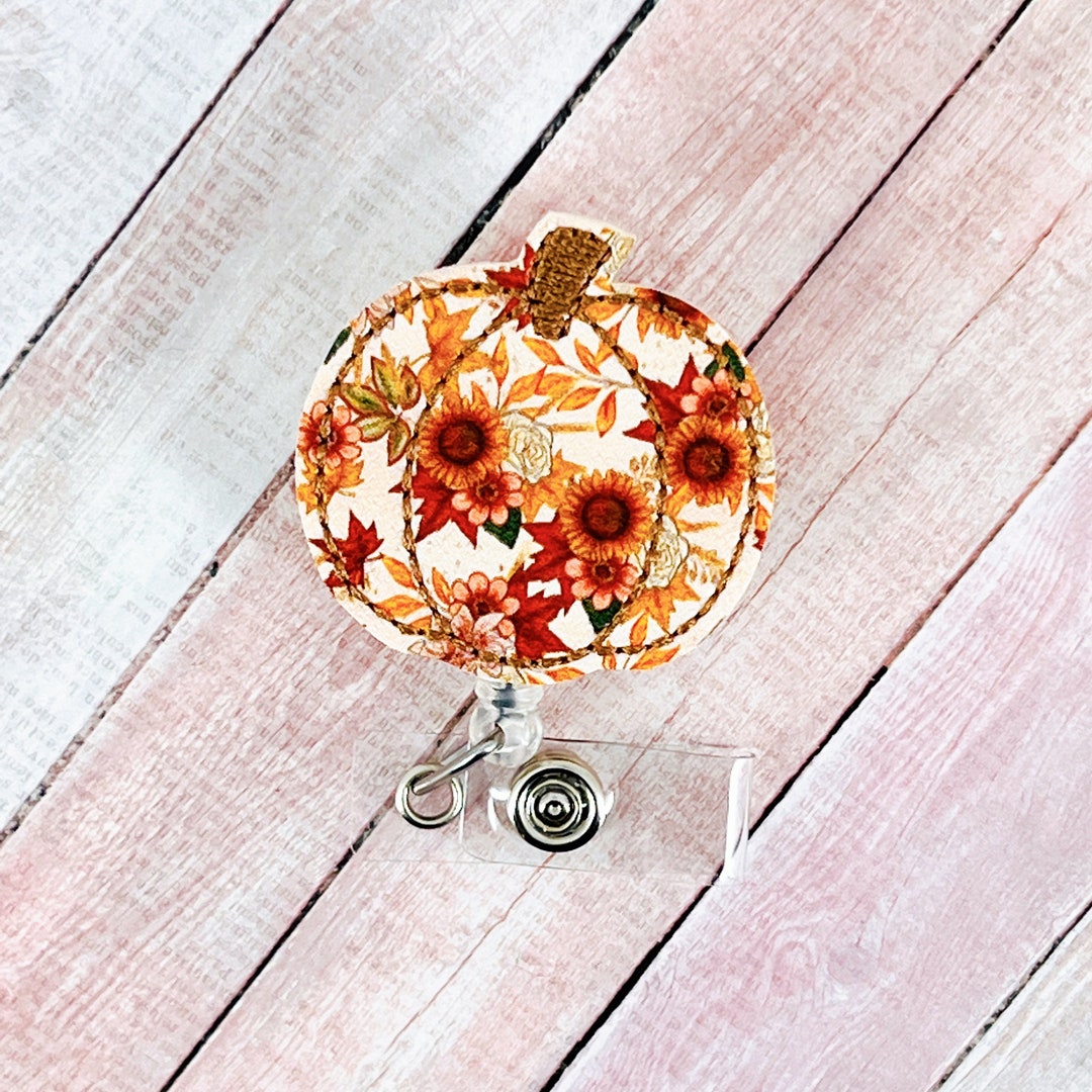 Fall Pumpkin Badge, Flower Badge Holder, Fall Badge, Halloween ID Badge ...
