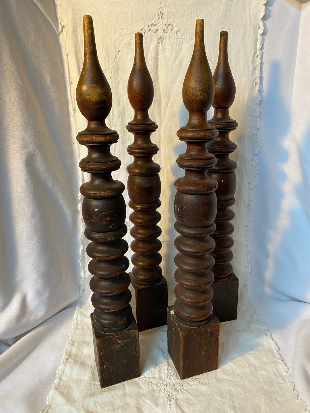 Pair (2) 24" Wood Finials Post Antique Heirloom Bobbin Spindle Bed Jenny Salvage Architecture ...