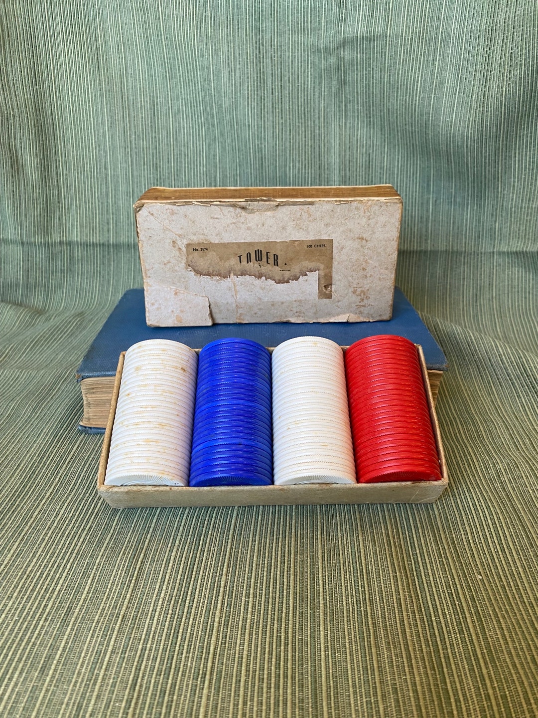 Vintage 100 Tower Poker Chips, Set No.3574, Red, White, Blue, Game Room ...