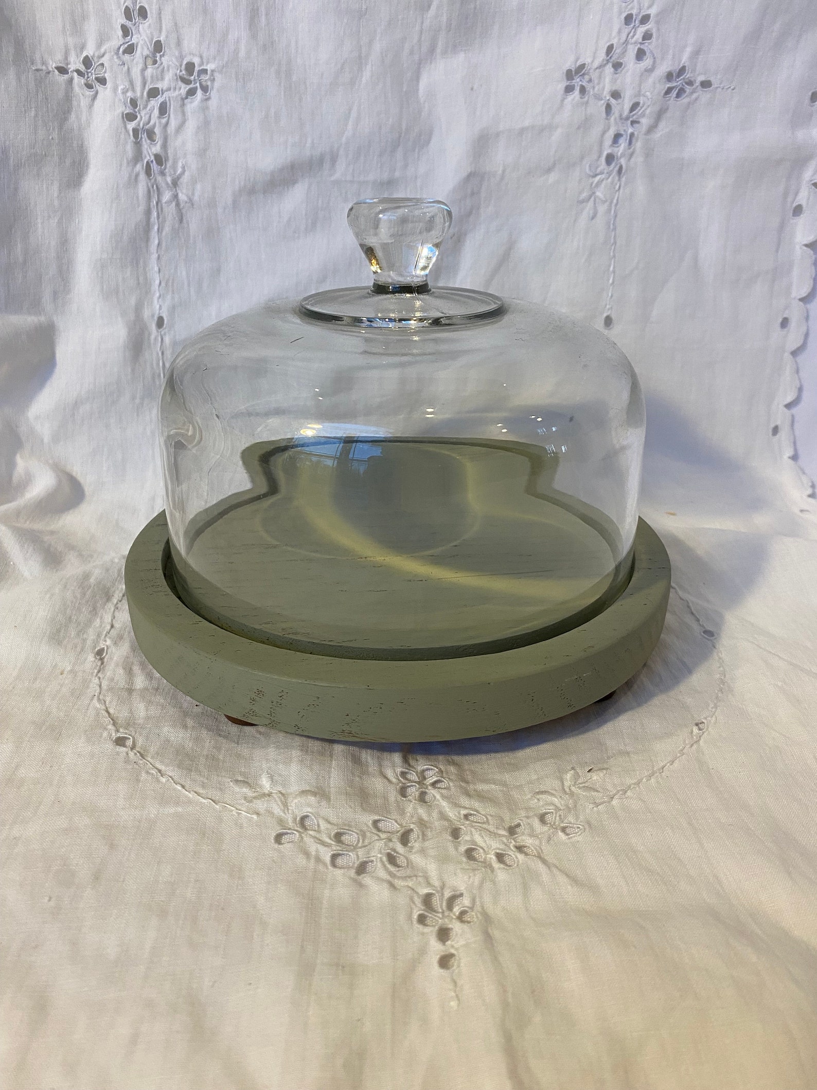 Vintage Glass Cloche 6 1/2" With Painted Sage Green Wood Base / Shabby ...