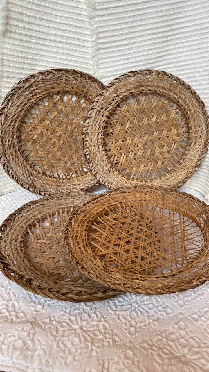 Vintage Woven Rattan Dinner Plate Chargers - Set of 4 / Basket / Wall ...