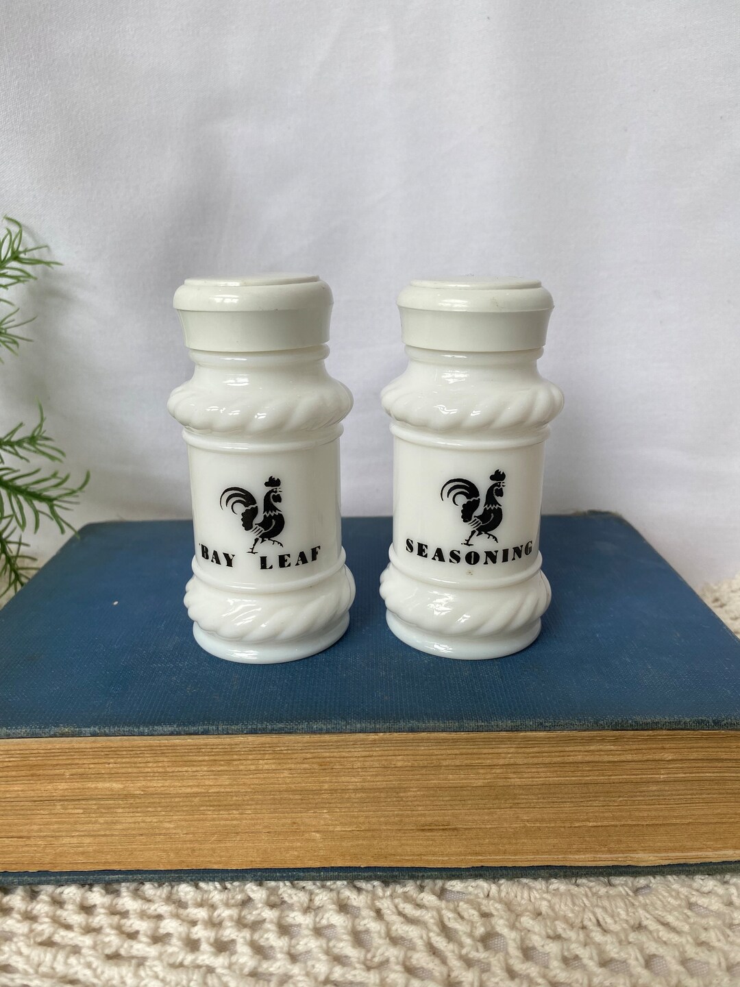 Set of 2 Hazel Atlas Spice Shakers Black Rooster Milk Glass- Bay Leaf ...