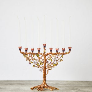 Jewish Hanukkah Menorah, Flower on Vine. Hand Painted Embellished With ...
