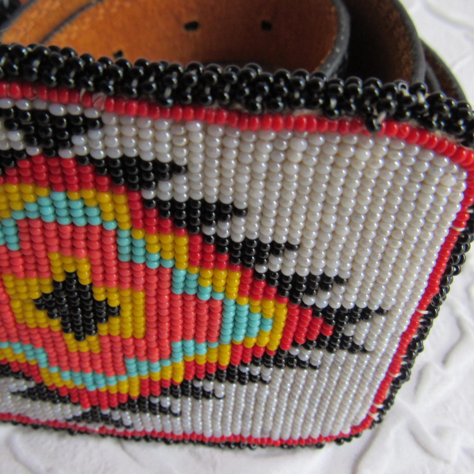 Vintage Seed Bead Belt Buckle Glass 3x4 Black Genuine Leather Size 42 ...