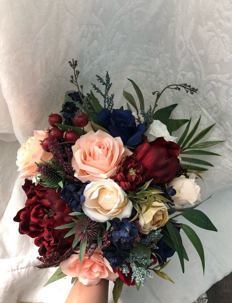 Wedding Bouquet Burgundy Navy Blue Red Peony Eucalyptus | Etsy