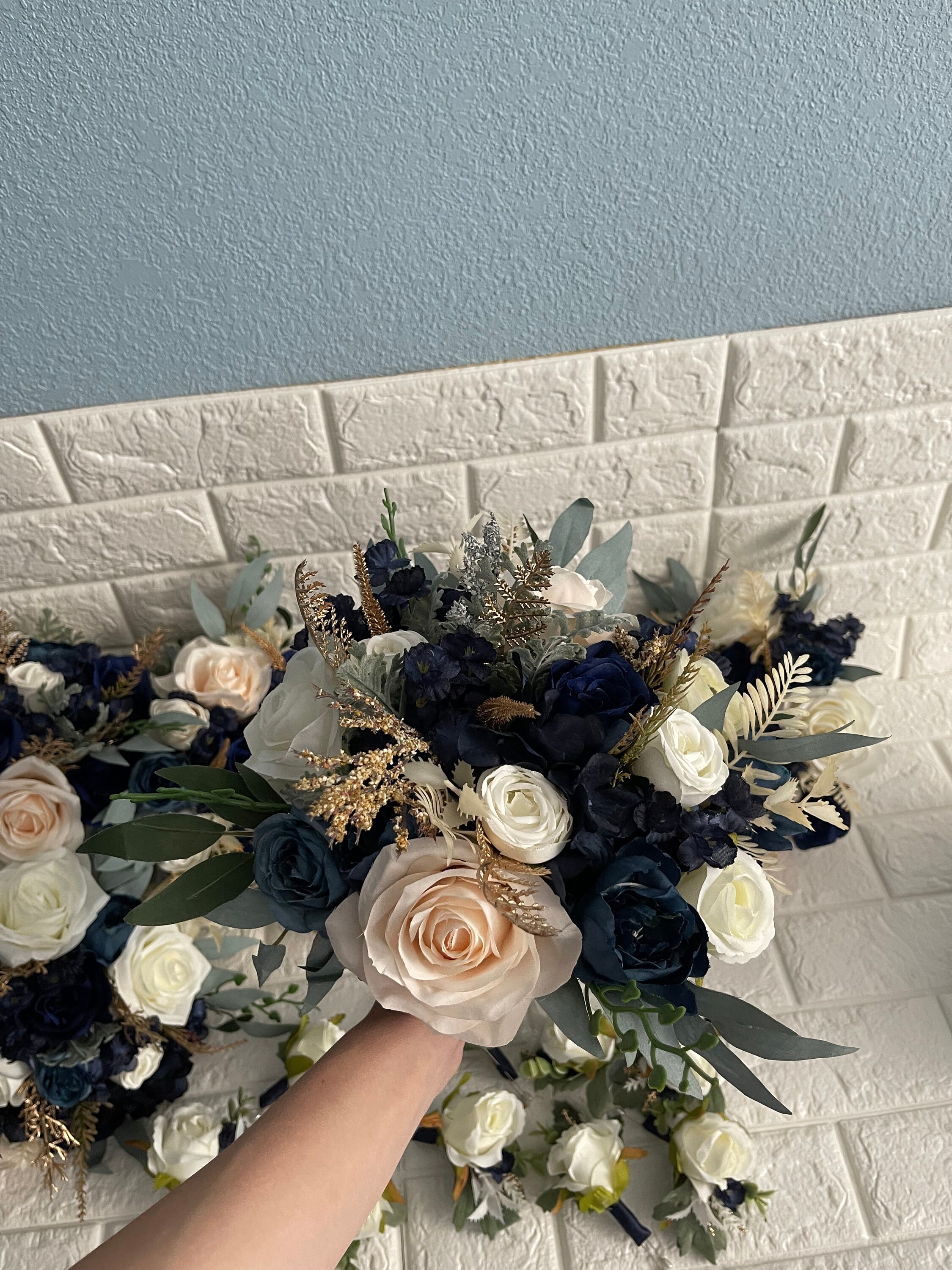 White Navy Gold Bouquet Wedding Bouquet Set Boho Dusty Blue - Etsy