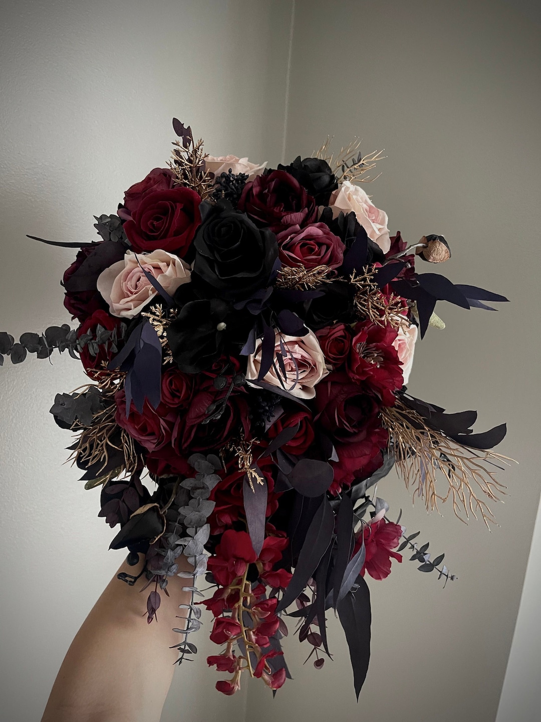 Cascading Black Burgundy Bouquet Black Wedding Boho Bridal Bouquet ...