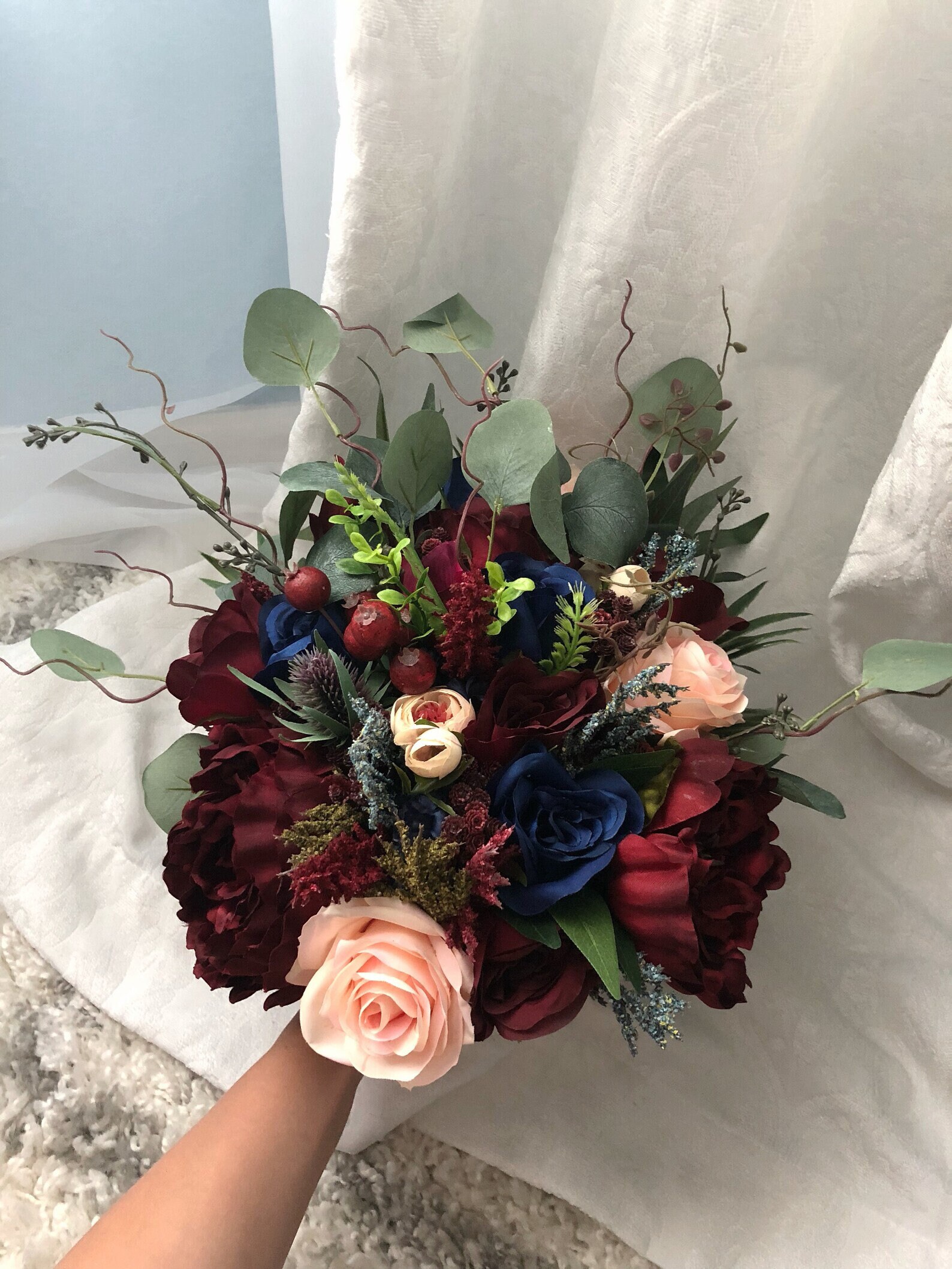 Dusty Blue Wedding Arch Arrangement Arbor Ties Arrangements Burgundy ...