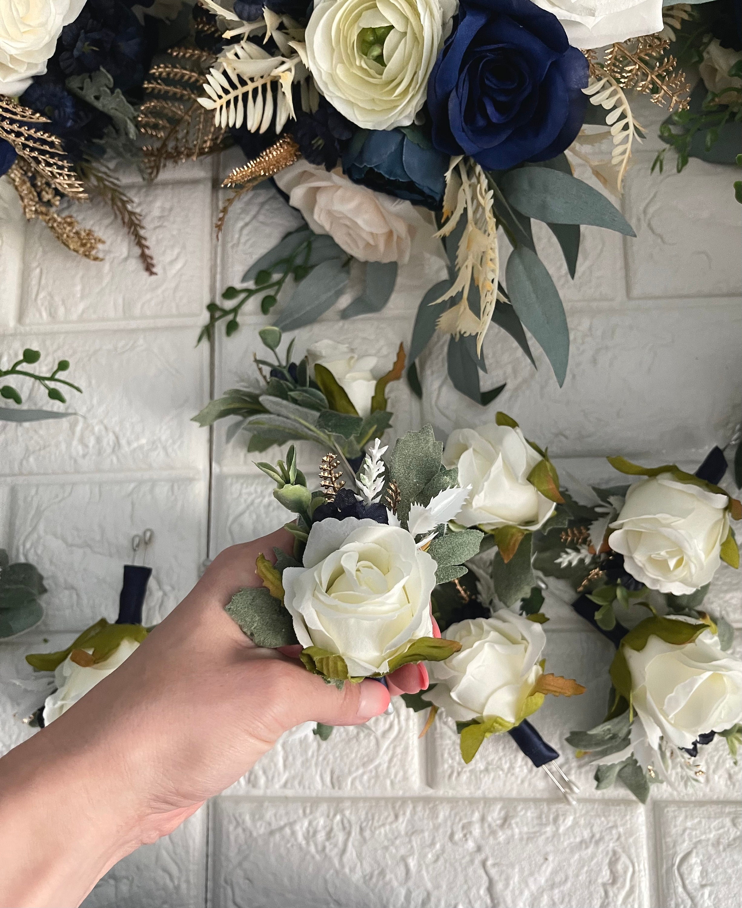 White Navy Gold Bouquet Wedding Bouquet Set Boho Dusty Blue - Etsy