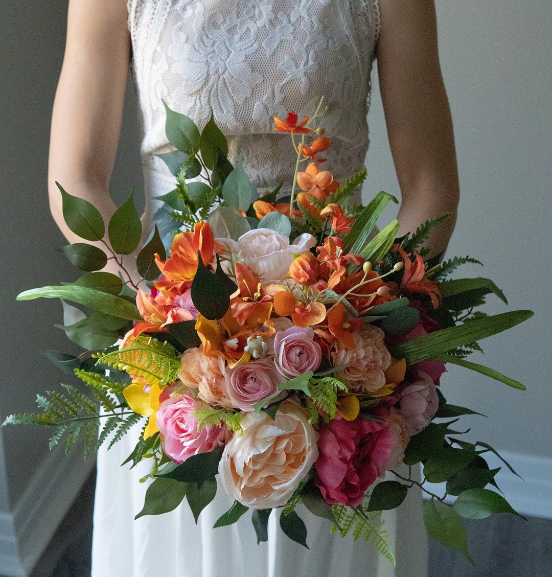 Hot Pink Orange Wedding Bouquet Tropical Green Bouquets Bridal Wedding ...