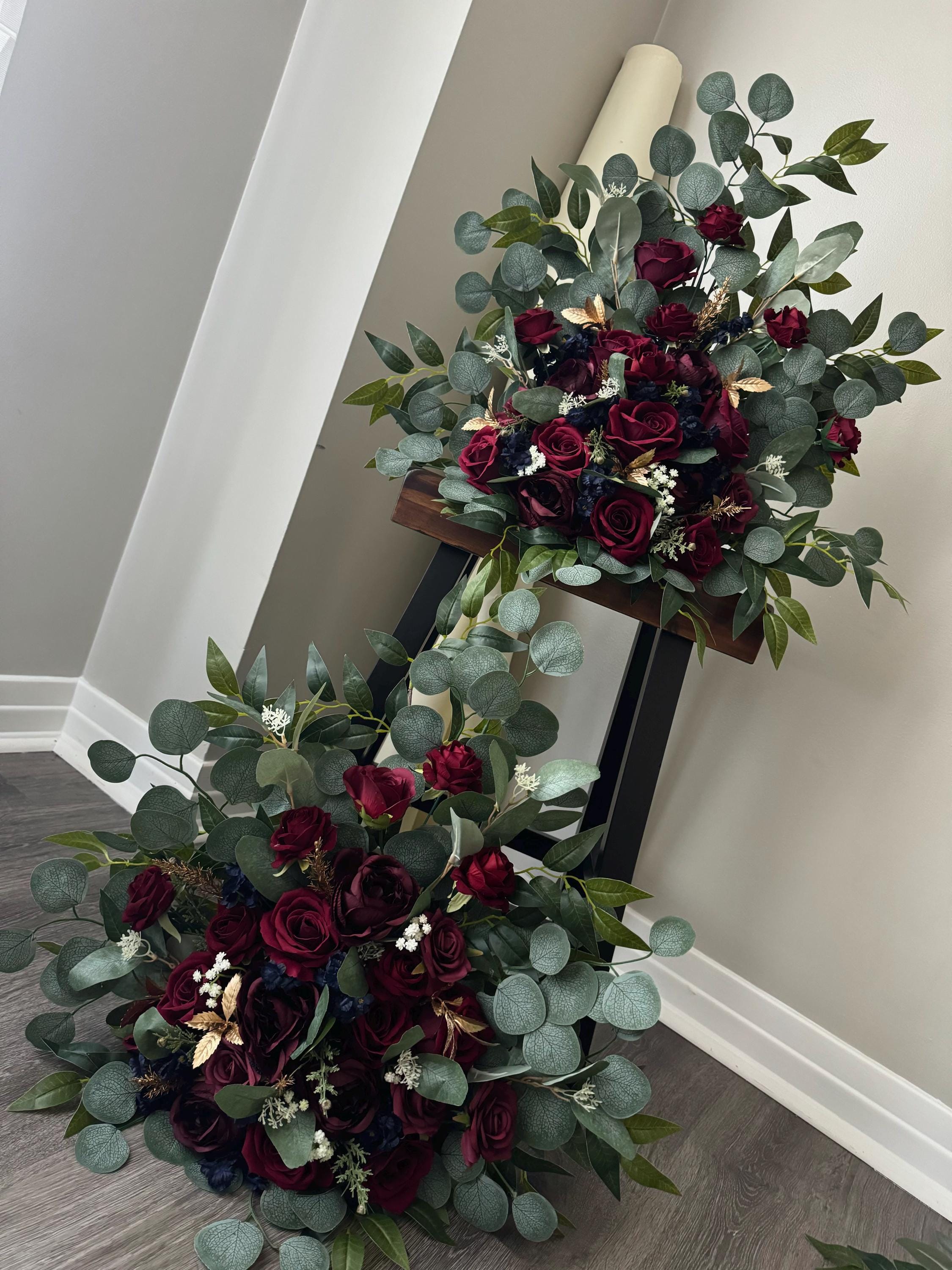 Set of 2 Burgundy Deep Red Navy Aisle Flowers Floor Arch Arrangement ...