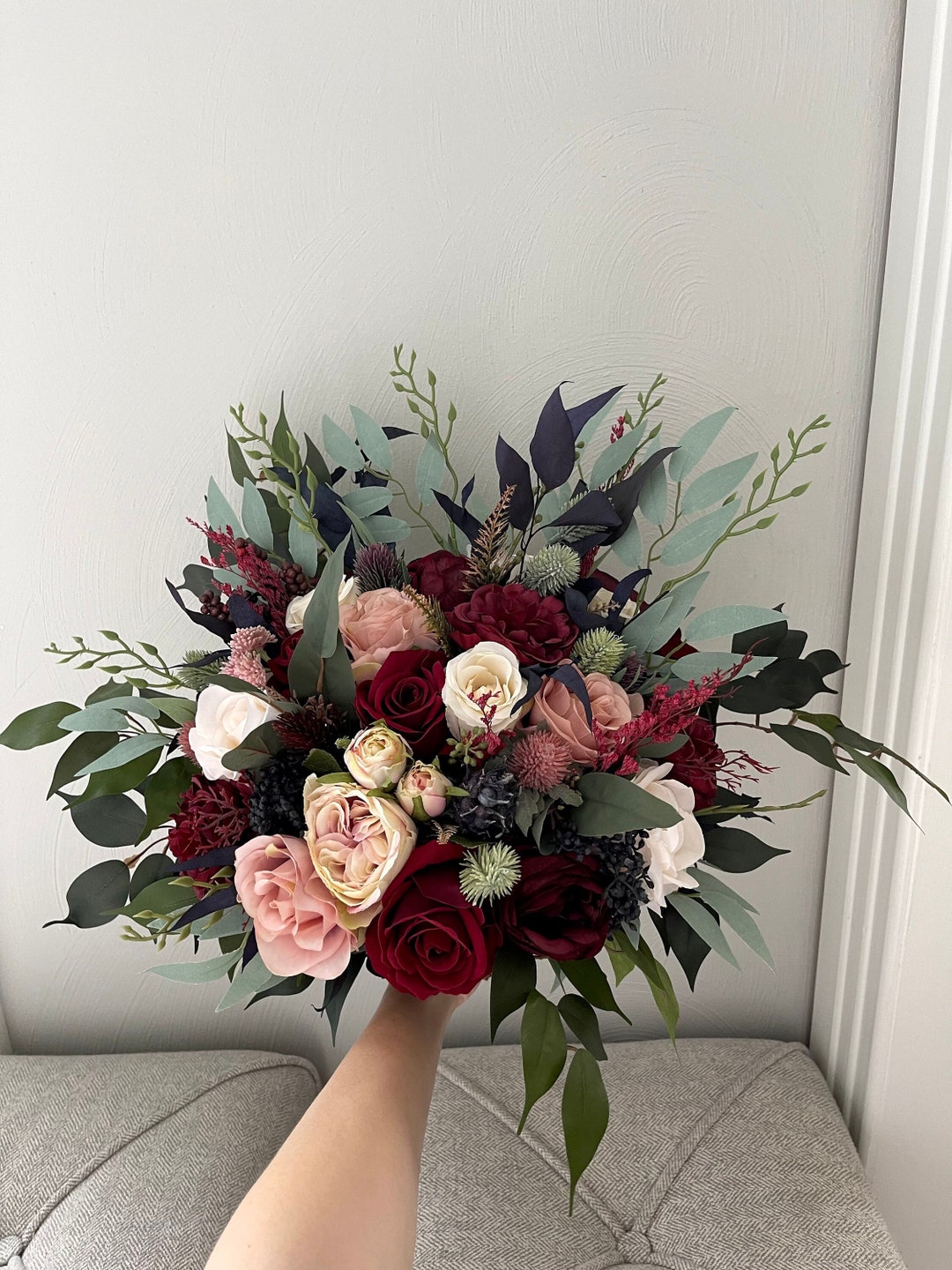 Boho Wedding Bouquet Burgundy Eucalyptus Wedding Maroon Bouquet Deep ...