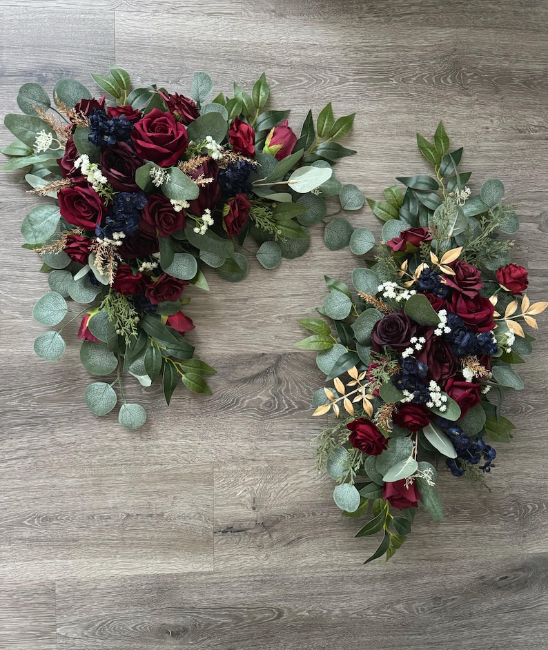 Set of 2 Burgundy Deep Red Navy Aisle Flowers Floor Arch Arrangement ...
