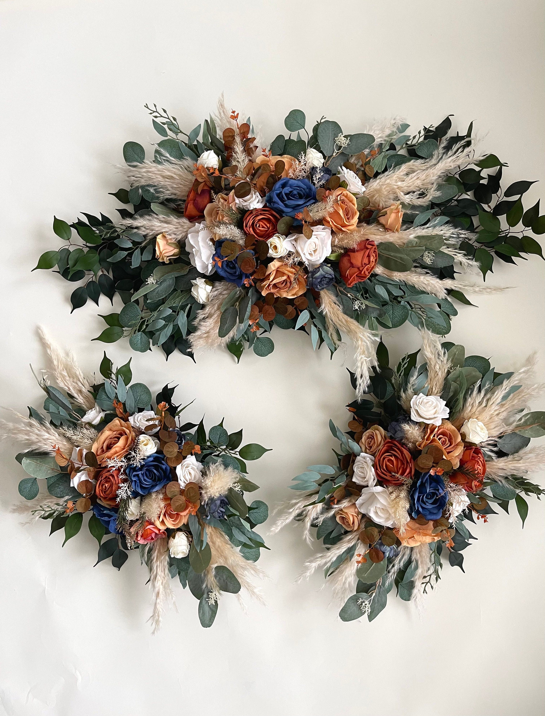 Rust Orange and Blue Arrangement Wedding Arch Arbor Arrangements Dusty ...