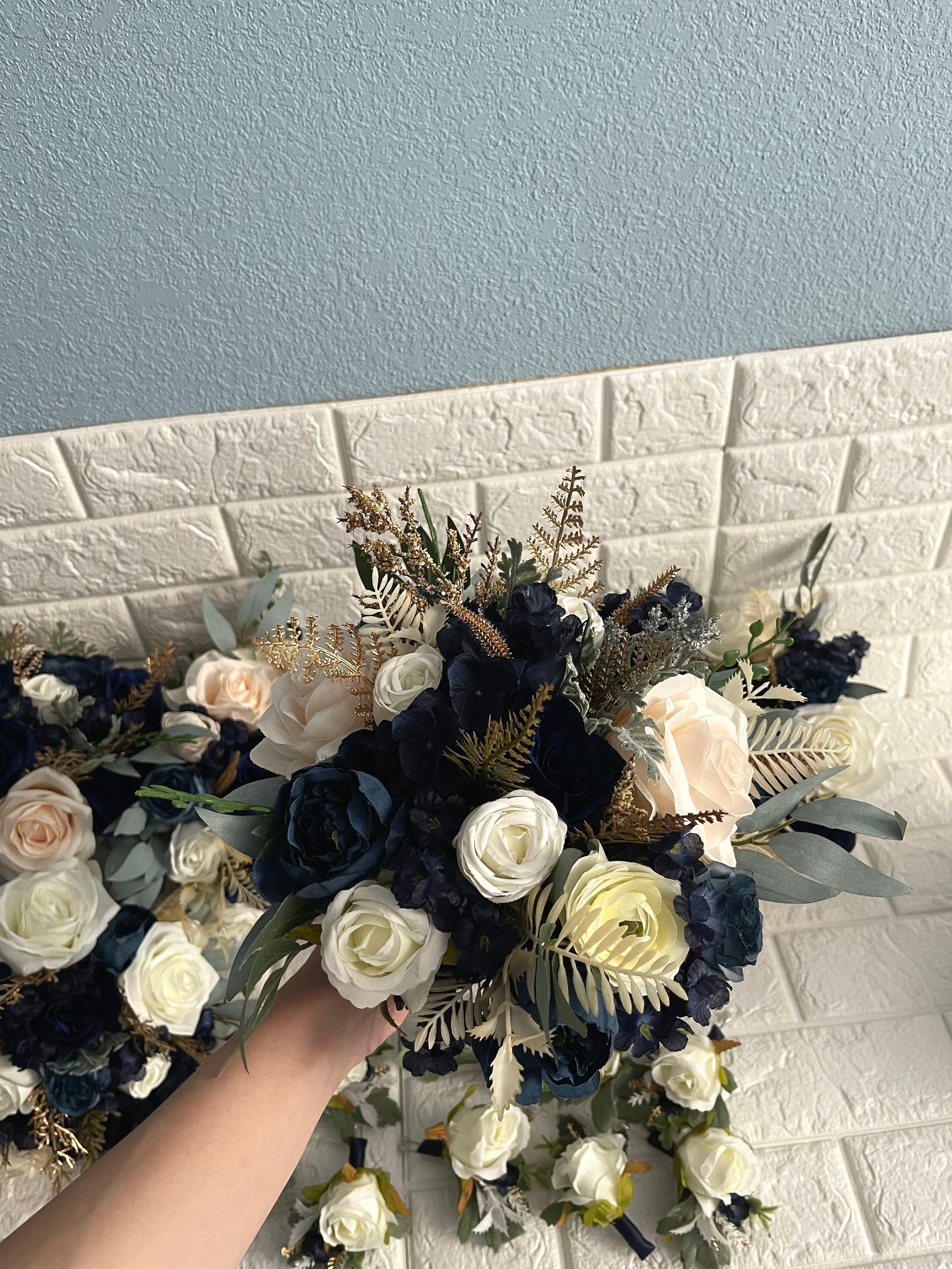 White Navy Gold Bouquet Wedding Bouquet Set Boho Dusty Blue - Etsy