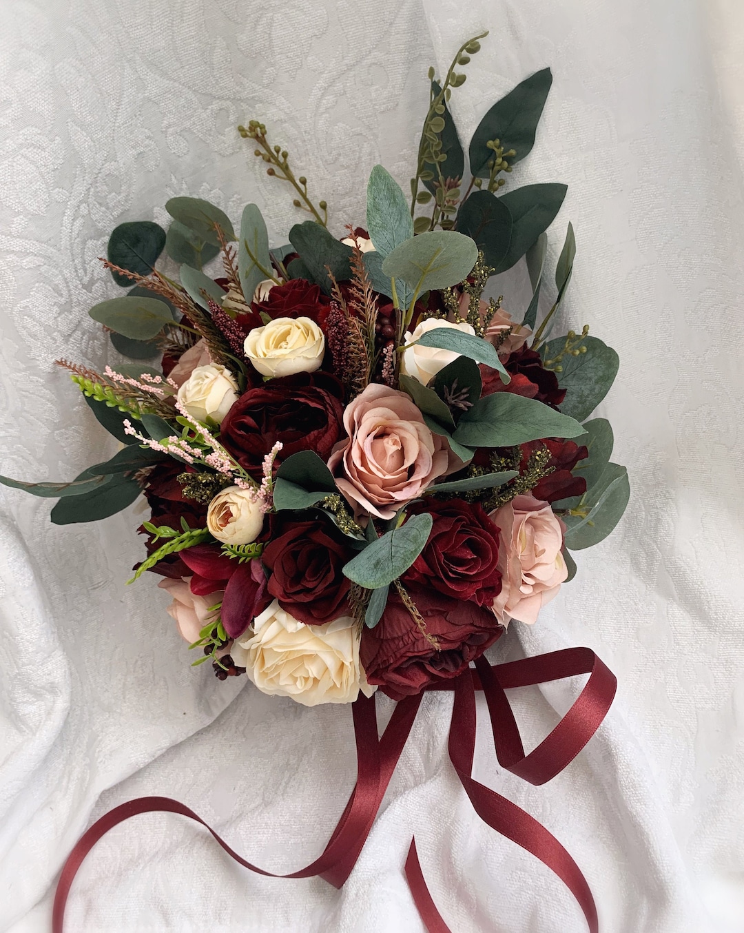 Boho Wedding Bouquet Burgundy Mauve Eucalyptus Wedding Maroon Bouquet ...