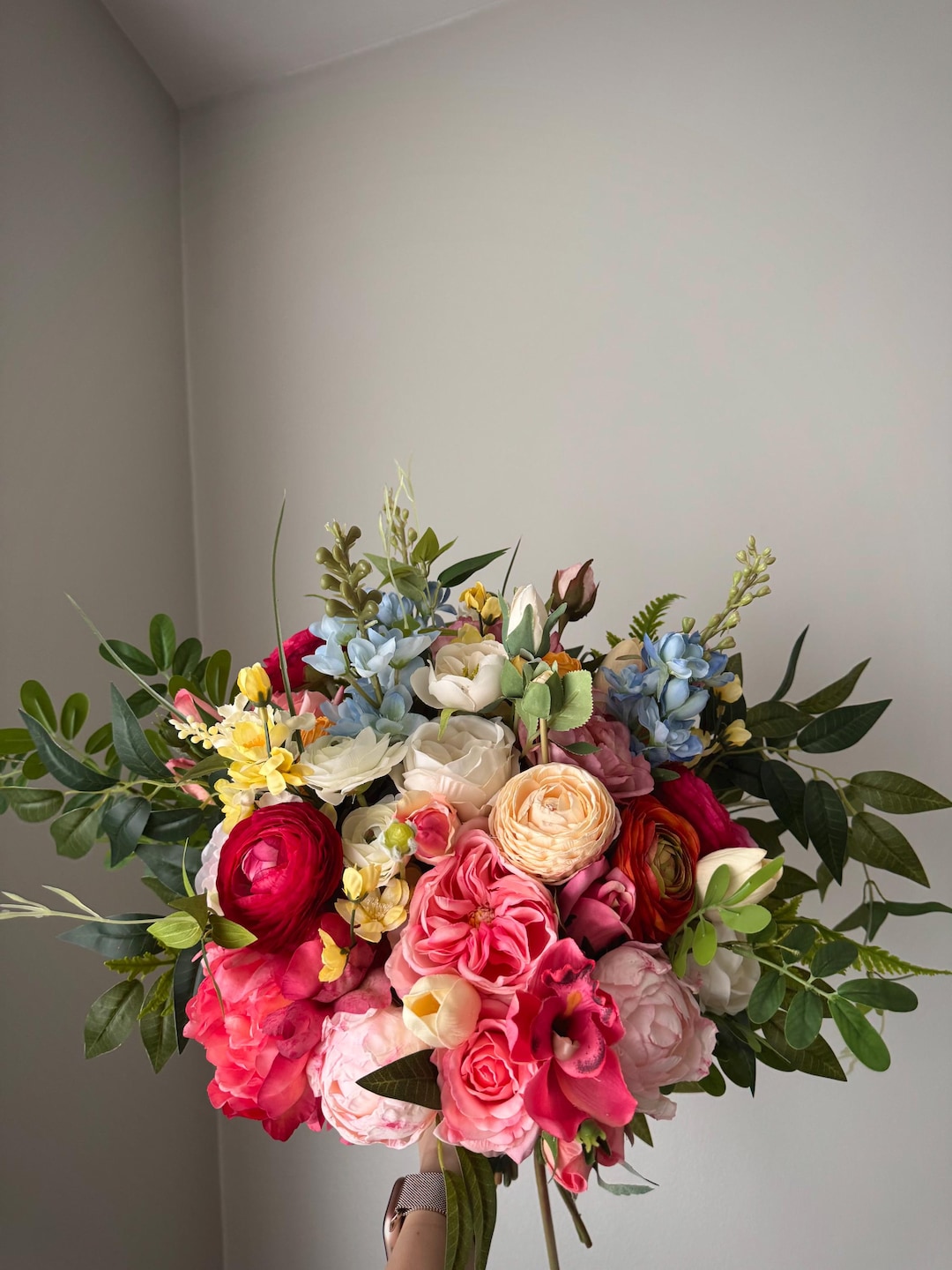 Spring Colors Pink Peony Delphiniums Wedding Spring Bridal Bouquet Pink ...