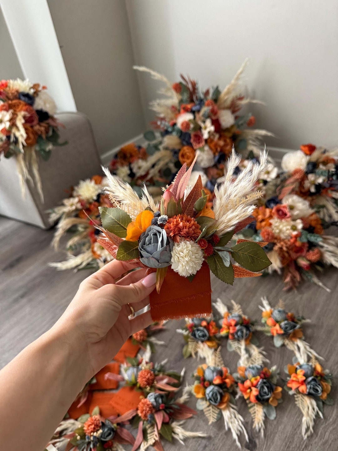 Orange Rust Pocket Boutonniere Wedding Boho Wedding Bouquet Greenery ...