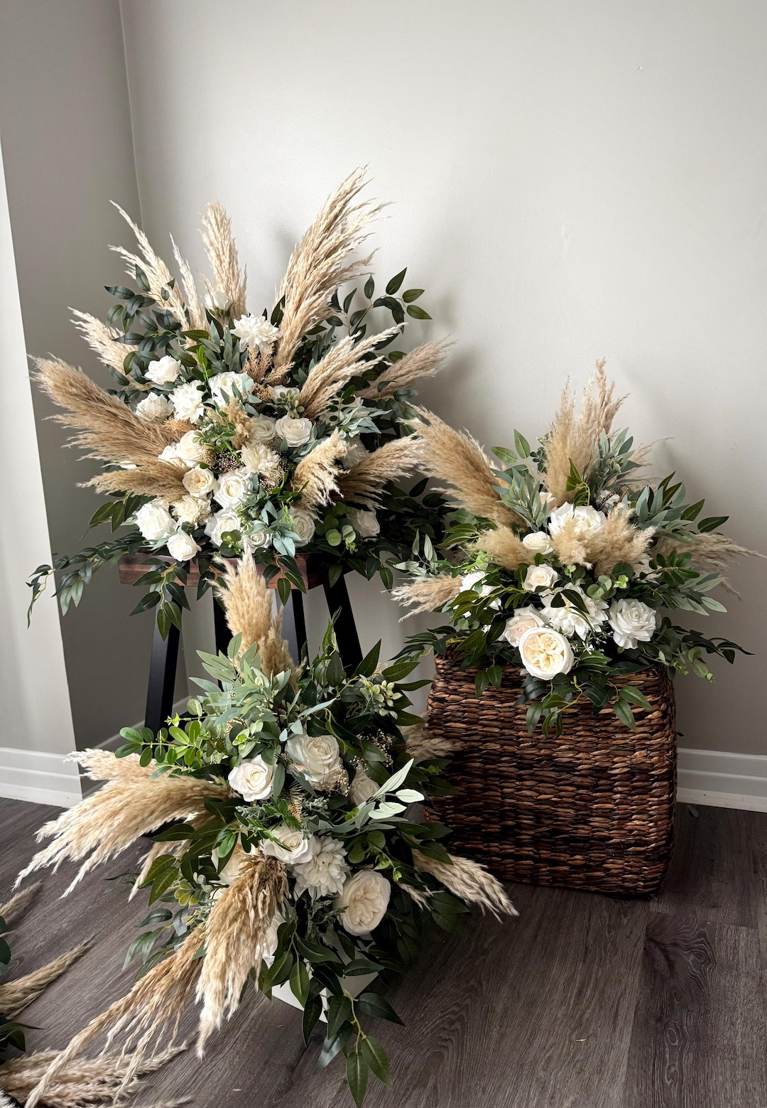 Barrel Top Arrangements Set of 2 Aisle Flowers White Boho Centrepiece ...
