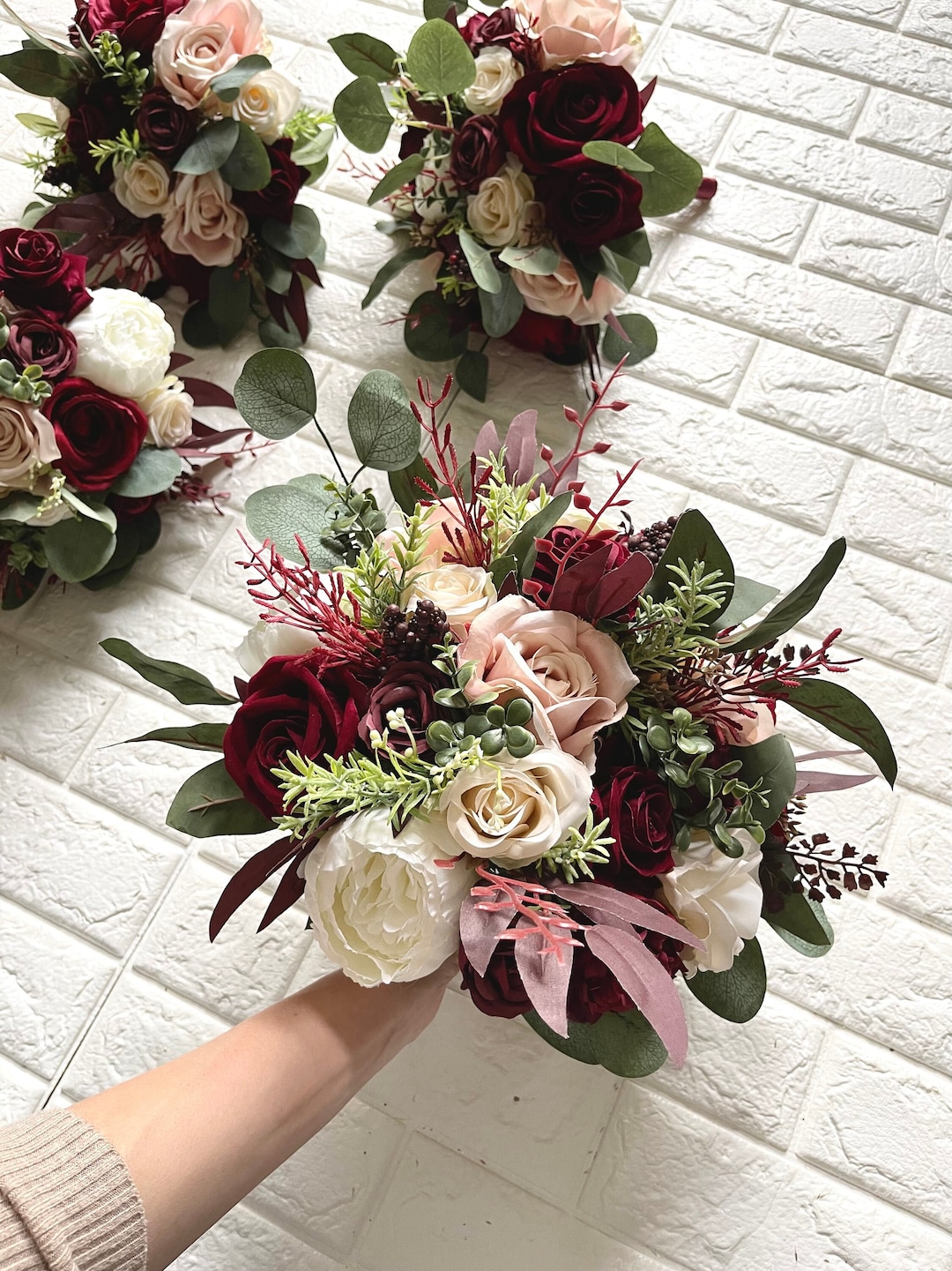 Boho Wedding Bouquet Burgundy Pale Blush Pink Eucalyptus Wedding Maroon ...