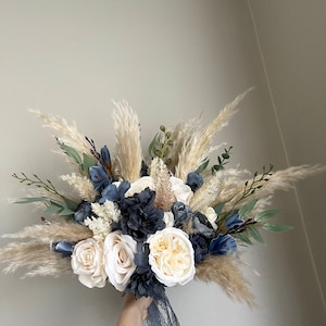 Boho Dusty Blue White Ivory Pampas Wedding Boho Bridal Bouquet Ivory ...